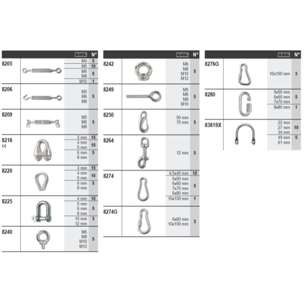 Assortment of 348 STAINLESS STEEL wire rope accessories, with hooks ...
