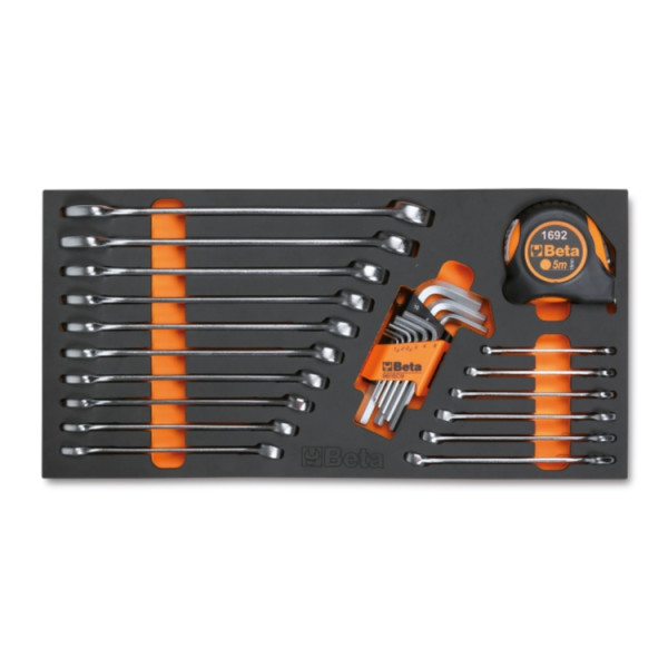 Foam tray with combination wrenches, hexagon key wrenches and measuring ...