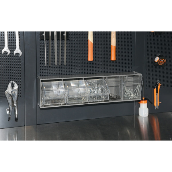 Wall-mounted small parts holder with 5 tote trays, made from plastic ...